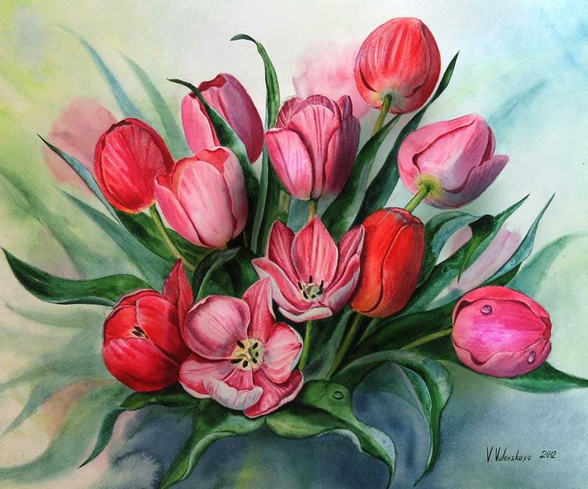 Акварельна картина Тюльпани 500 грн Живопис Одеса на Olx