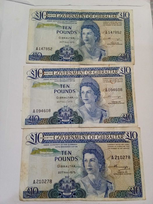3 Notas Gibraltar Ten Pounds de 1975 Almada • OLX.pt