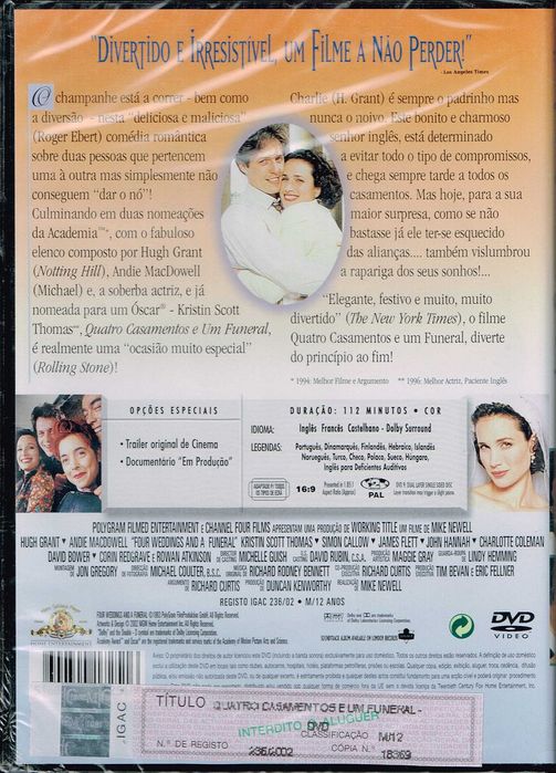 Filme em DVD: Quatro Casamentos e Um Funeral - NOVO! SELADO! Parque das ...