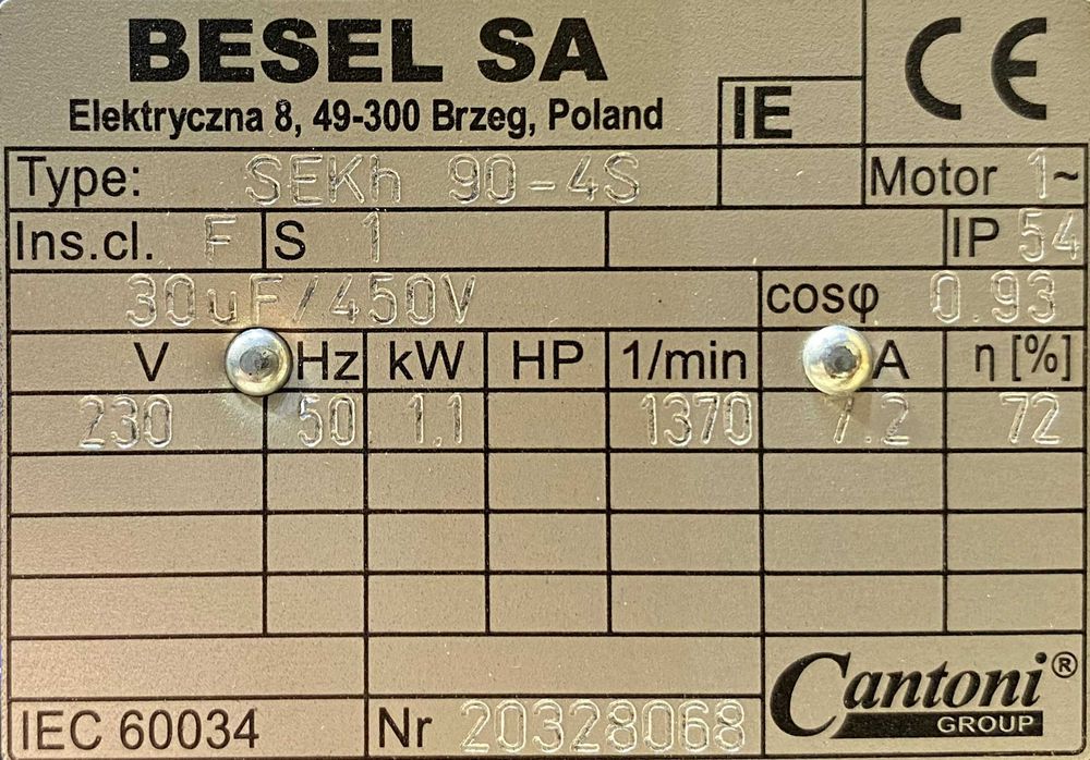 Silnik elektryczny 1,1kW 1370obr. 1fazowy 230V BESEL B5 Pigża • OLX.pl