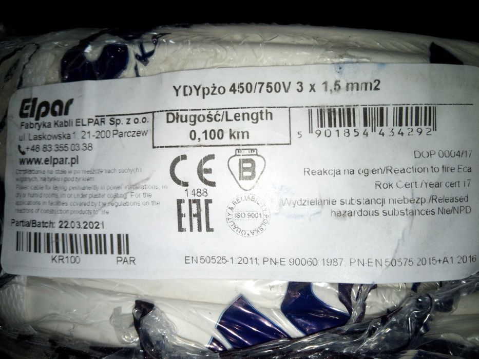 Przewód płaski ydyp 3x1,5 ydy p podtynkowy elpar 250zł Lublin • OLX.pl