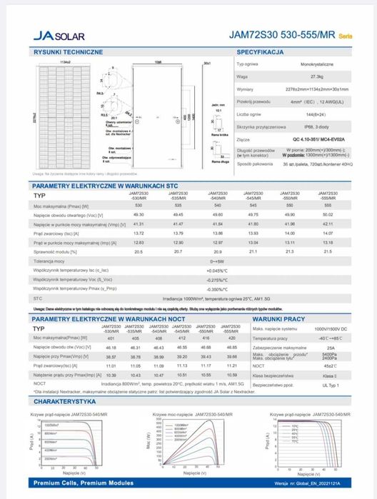JA SOLAR 550W 276zł netto panele fotowoltaiczne JAM72S30-550/MR ...