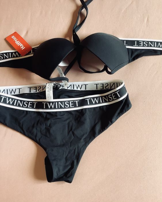 Bikini TWINSET czarne z białym logo, push up, rozmiar 80B=3= 38/40 Poznań Winogrady • OLX.pl