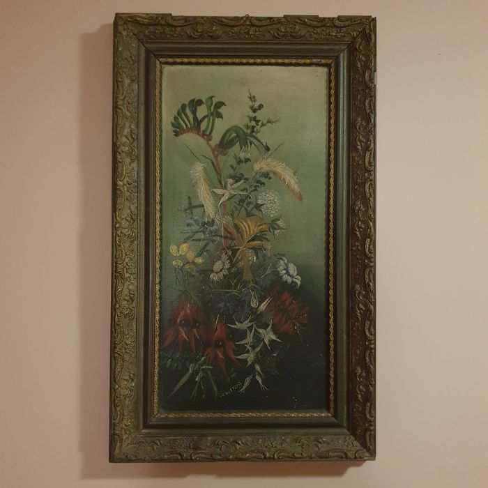 Stary poniemiecki obraz olejny na desce. Podpis Janie Craig ...