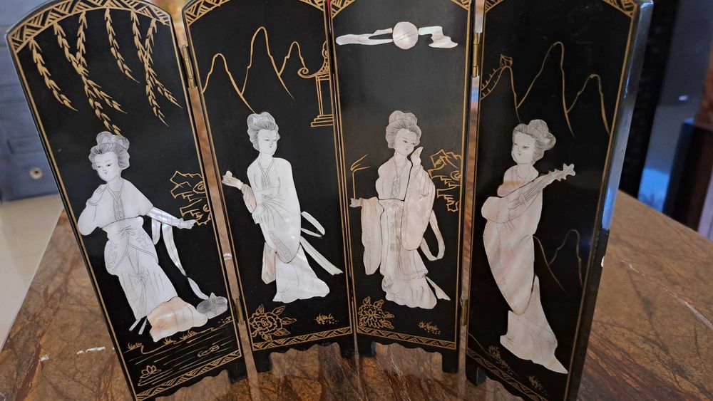 Parawan chiński stary z laki masa perłowa unikatowy25x30 Warszawa ...