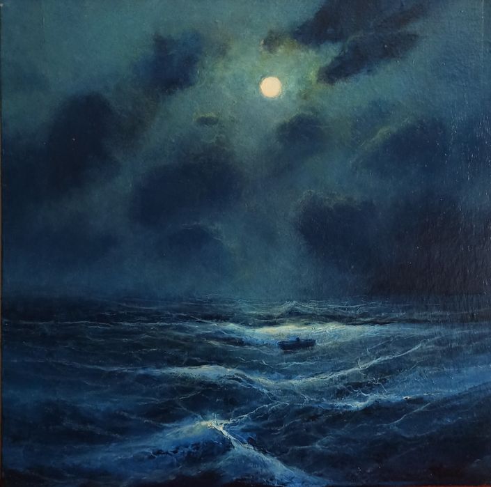 Dawid Figielek obraz olejny na płótnie, łódka, morze, surrealizm ...