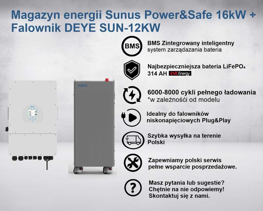 Magazyn energii Sunus 16KW 51,2V LiFePO₄ 314Ah Deye 12KW Fotowoltaika Koprzywnica • OLX.pl