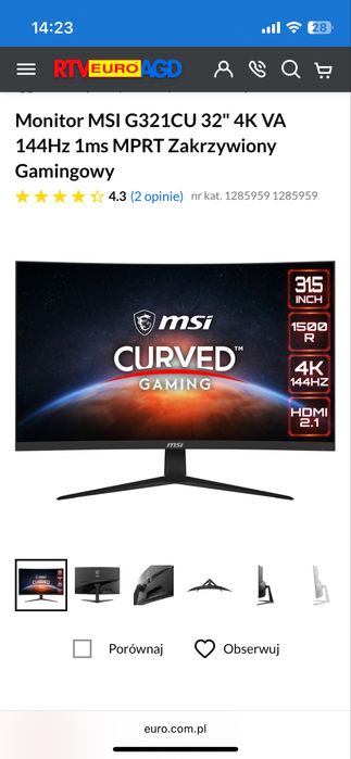 Monitor MSI G321CU 32" 4K VA 144Hz 1ms MPRT Zakrzywiony Gamingowy Czapury • OLX.pl