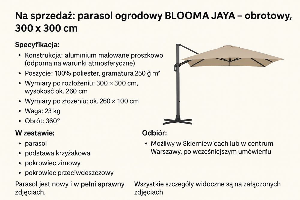 Parasol ogrodowy BLOOMA JAYA 300x300, nowy, obrotowy Skierniewice • OLX.pl