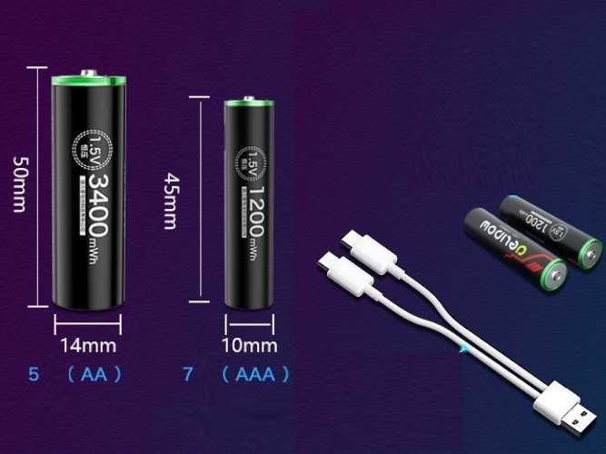 Аккумулятор литиевый Li ion 1,5V AA AAA 3400-750mWh заряд USB type-C ...