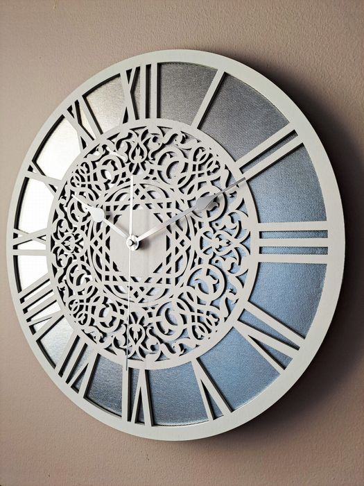 Dekoracyjny zegar ścienny, rzymski, ornament, srebrny, złoty, vintage ...