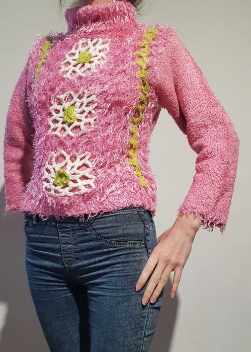 Sweter golf vintage, lata 90-te, ażurowe kwiaty, różowe futerko Kraków ...