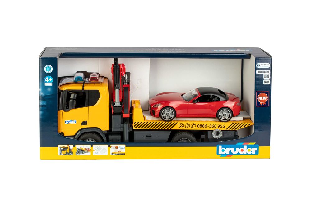 Евакуатор Bruder Scania Super 560R з краном та машинкою Roadster,03552: ...