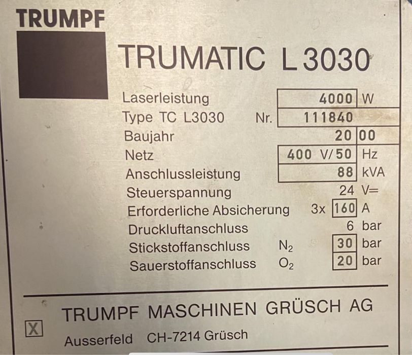 Станок лазерної різки металу Trumpf TC L3030 4000W, 2000 року вип.: 40 ...
