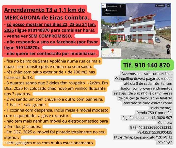 T3, apartamento para arrendar - Eiras e São Paulo de Frades, Coimbra ...