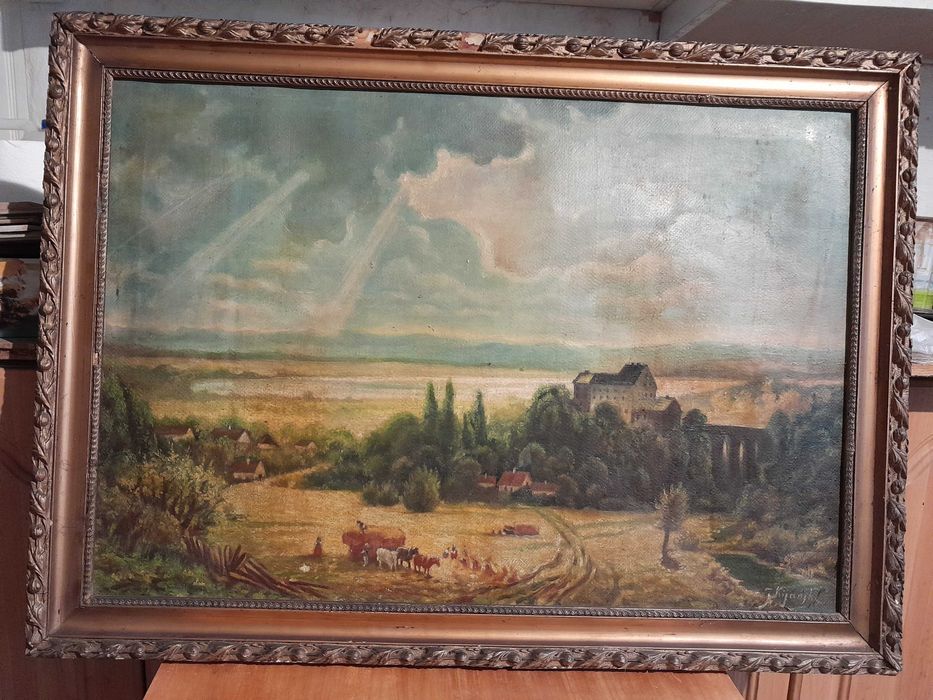 Stary duży obraz olejny J. Kijański zdobiona stara rama Dąbrowa ...