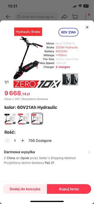 Hulajnoga Zero 10X, 2400W, bateria 60V21Ah. Biały kruk. Stan idealny. Opole • OLX.pl