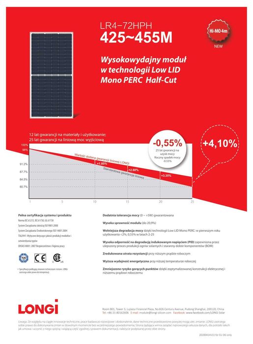 Panel fotowoltaiczny NOWY LONGI SOLAR LR4-72HPH-455M 455W Skowarcz • OLX.pl
