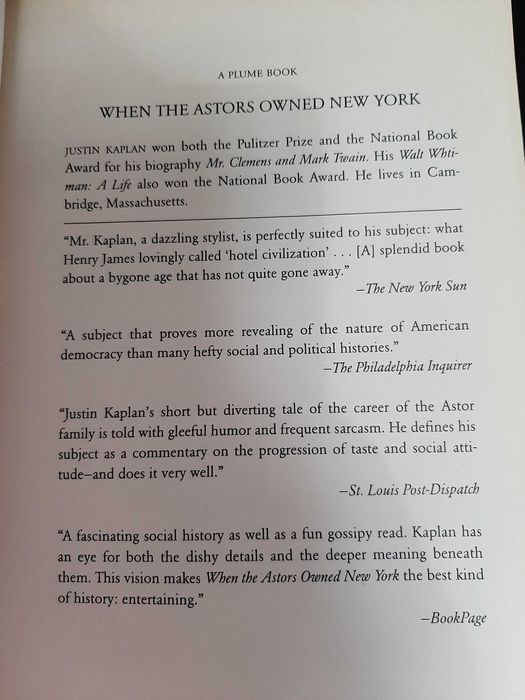 Justin Kaplan – When the Astors Owned NY: Grand Hotels in a Gilded Age ...