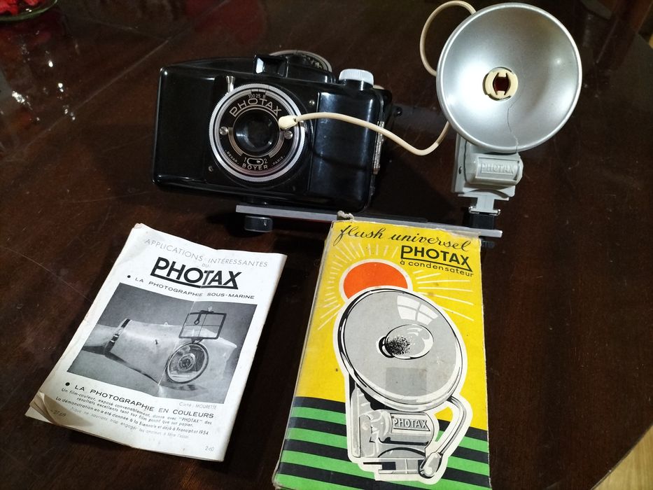 Maquina fotográfica Vintage Photax, Flash com caixa original 1950's ...