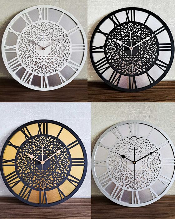 Dekoracyjny zegar ścienny, rzymski, ornament, srebrny, złoty, vintage ...