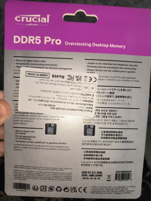 Пам'ять Crucial 32 GB (2x16GB) DDR5 6000MHz Pro Overclocking: 3 400 грн ...