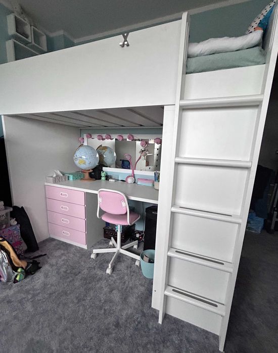 Łóżko na antresoli z biurkiem i szafą ikea Smastad Dąbrówka • OLX.pl