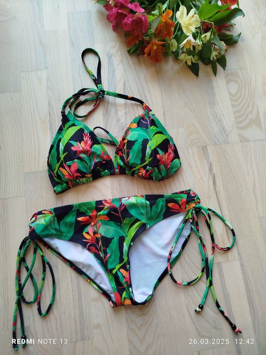 Strój kąpielowy boho dwuczęściowy bikini stanik Tom&Rose L rośliny kwi ...