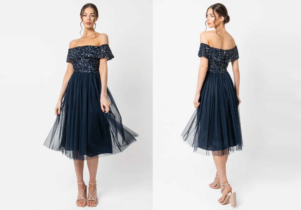 Sukienka midi MAYA DELUXE 32 XXS na wesele bardot lou asos cekiny tiul ...