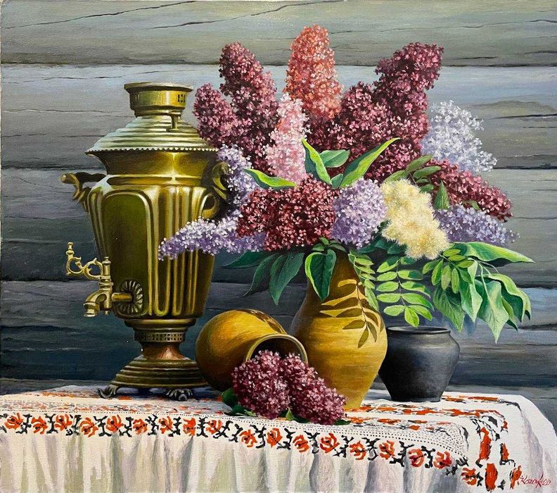 Картина олією на полотні Бузок з самоваром 18 000 грн Живопис Київ на Olx