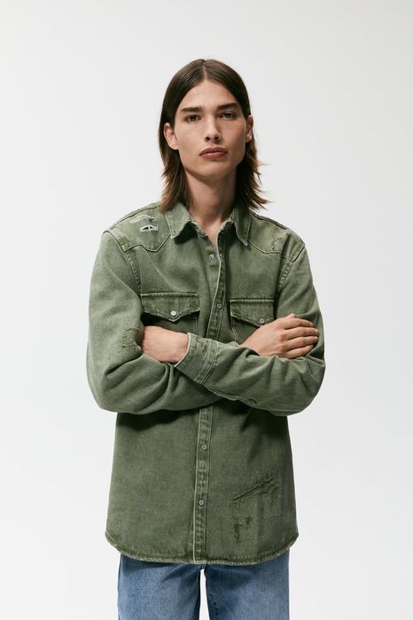 Джинсова сорочка Zara XS-S куртка хакі Зара зелена ХС-С 44-46 рваная ...
