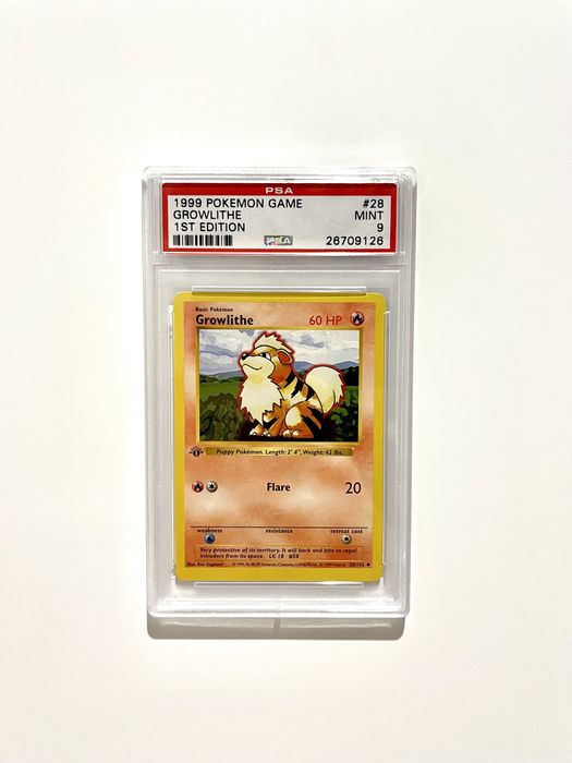 Karta Pokemon Base Set 1st Edition Shadowless Growlithe 28/102 PSA 9 ...