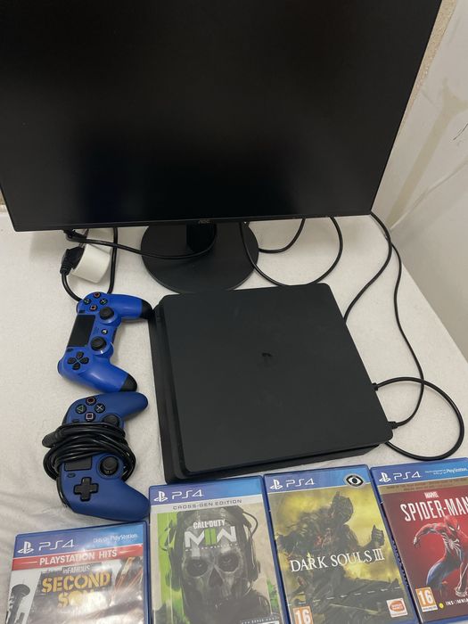 PS4 slim + 100hz AOC monitor + 4 Jogos(1 selado) Aradas • OLX.pt