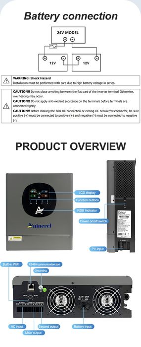 Гібридний інвертор Aninerel ANL-4200T-24L-W-PRO 24В 4200Вт з Wi-Fi: 16 ...