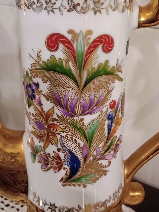 Cafeteira + jarra porcelana SNEROLL decoradas a mão com ouro 24k São ...