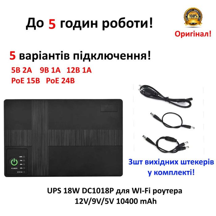 Безперебійник ДБЖ Ups 18w Dc1018p для Wi Fi роутера 12v 9v 5v 10400mah 2 249 грн