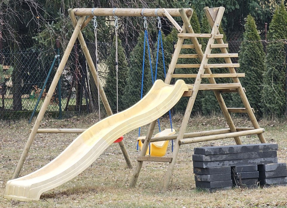 Plac zabaw drewniany Blooma, 2x huśtawka + zjeżdżalnia, ślizg 3m ...