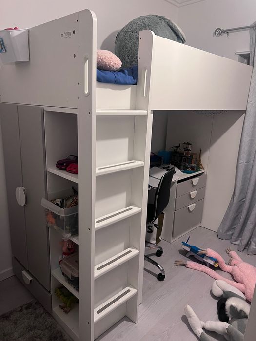 Cama alta, branco/cinza com secretária com 90x200 cm SMASTAD Ericeira • OLX.pt