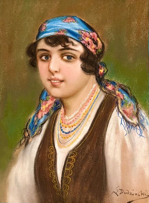 Stary obraz pastel przedwojenny sygnowany góralka Cyganka Polski antyk ...