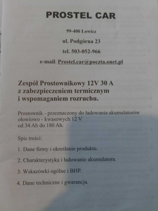 Prostownik z wspomaganiem rozruchu Prostel car 12V/30A Wejherowo • OLX.pl