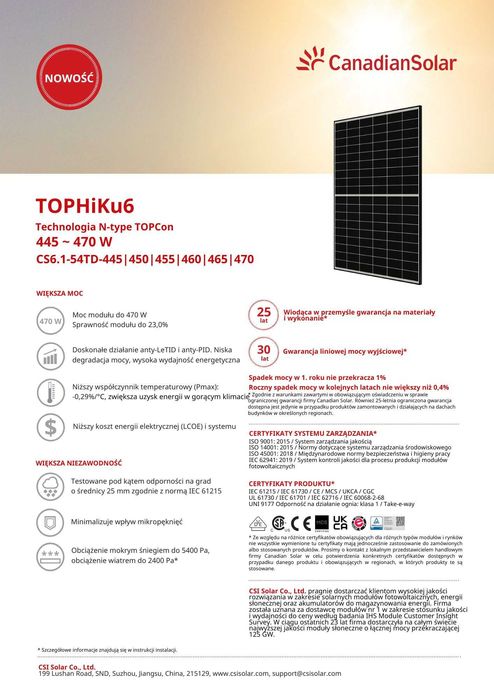 Moduł Panel Fotowoltaiczny Canadian TOPHiKu6 455W czarna rama [BRUTTO ...