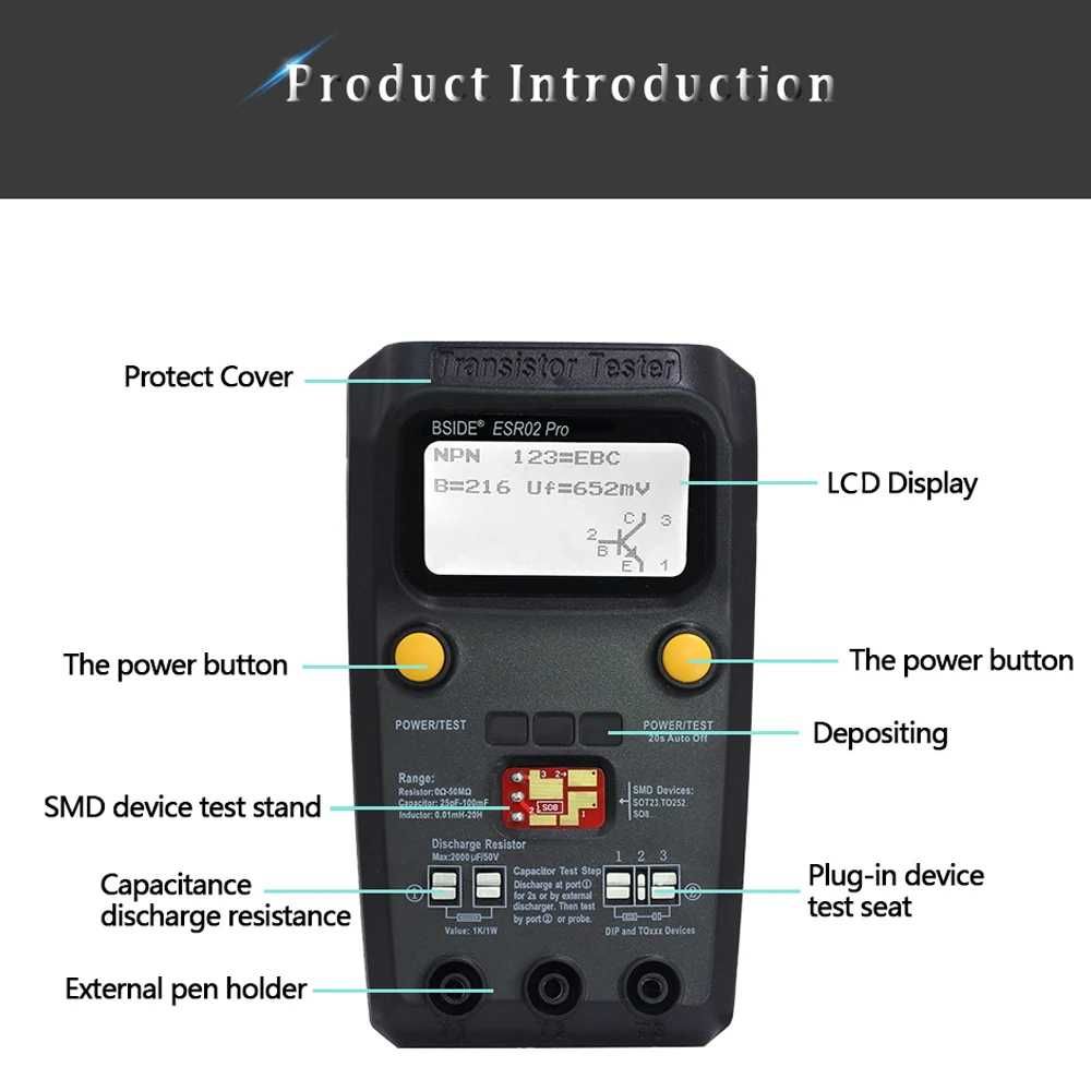 Тестер электронных компонентов BSIDE ESR02 Pro, ESR-meter рус. инстр ... Тестер электронных компонентов BSIDE ESR02 Pro, ESR-meter рус. инстр ...