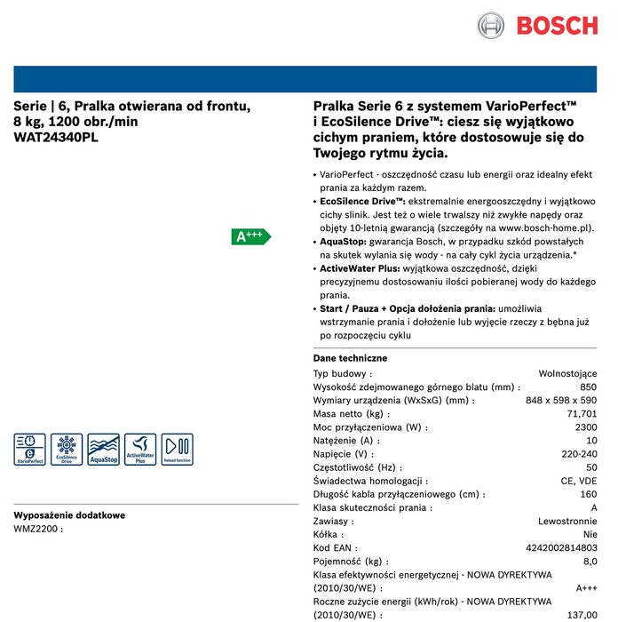 Pralka BOSCH seria 6 WAT24340PL 8kg Wrocław Śródmieście • OLX.pl