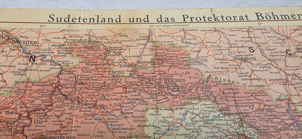 Stara mapa niemiecka Sudetenland (Sudety) & protektorat Czech i Moraw ...