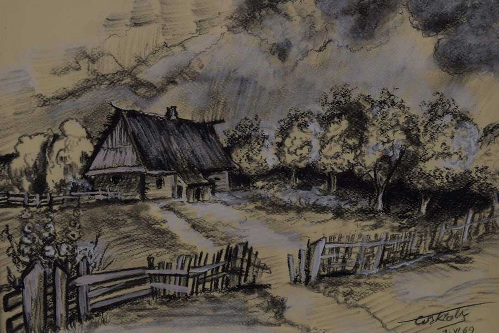 Wiktor Zin 1969 - GÓRSKA CHATA - Pastel za Szkłem Polski Obraz Olejny ...