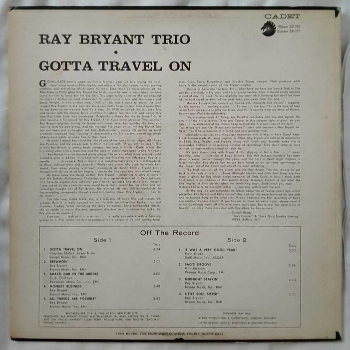 Ray Bryant Trio ‎– Gotta Travel On (1966, Cadet ‎– LPS-767, Pitma, US ...