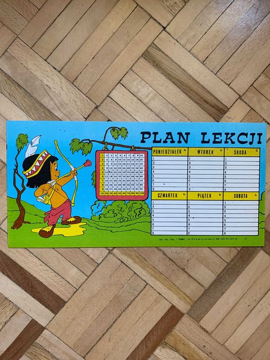 6-dniowy plan lekcji z tabliczką mnożenia papier tektura PRL Warszawa ...