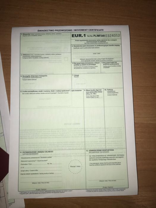 EUR1 Certyfikat EUR.1 EUR-1 Świadectwo pochodzenia samochodu SAD EX ...