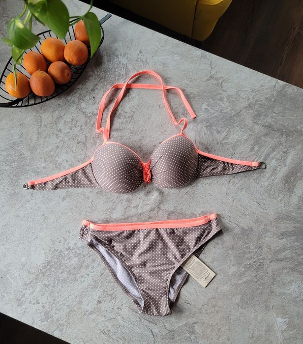 Azulena bikini w groszki kawa z mlekiem z koralową lamówką XL 42 ...