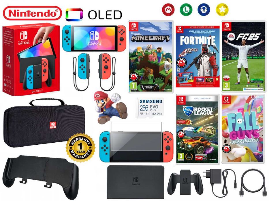 Nintendo SWITCH Oled 320GB Neon + 4 gry + walizka XL + grip + szkło ...